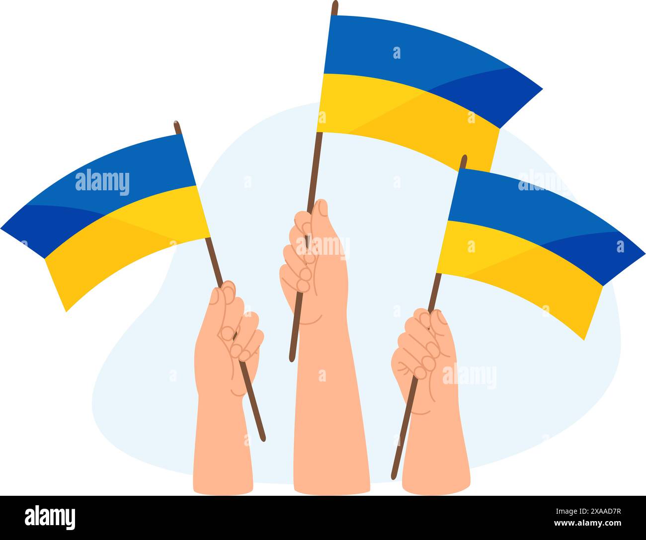 Hands with yellow-blue Ukrainian flags. Vector illustration. Ukrainian ...