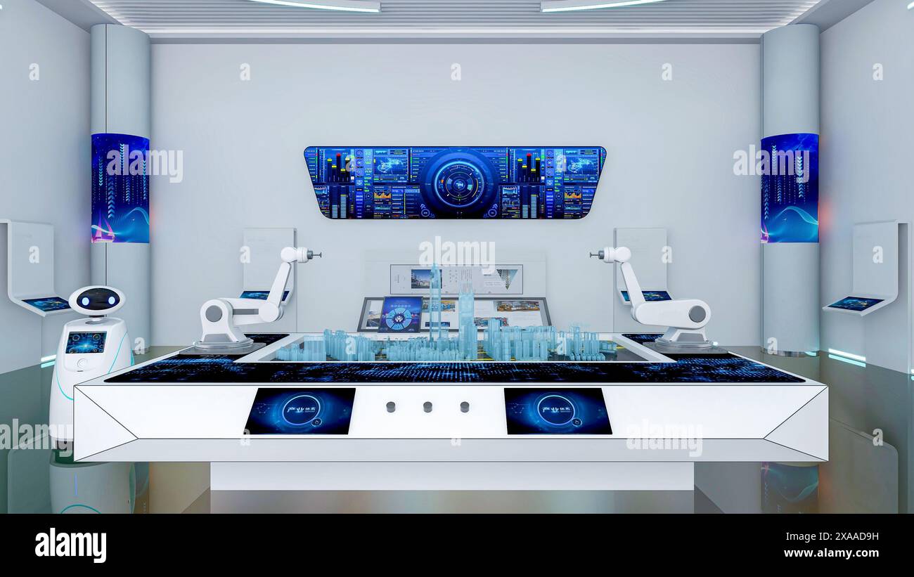 Futuristic Sci-Fi Hallway Interior with Hologram table, Smart Robot and ...