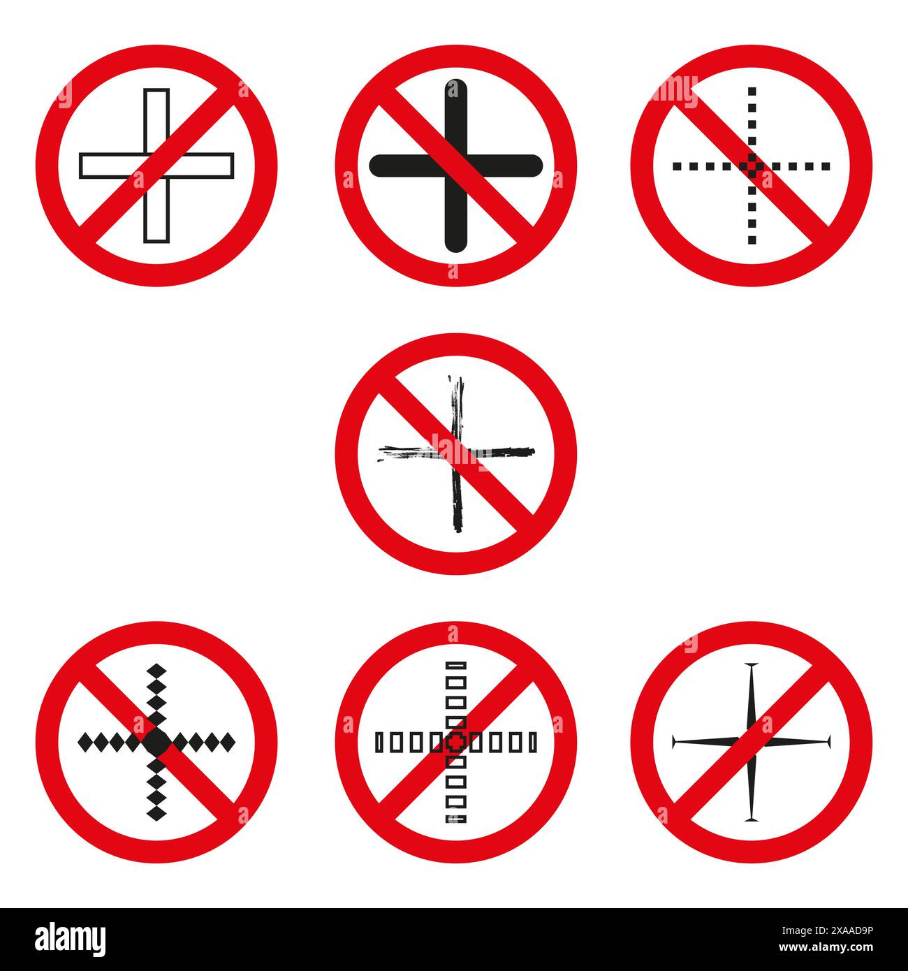 No cross symbols. Red prohibition signs. Various styles. Vector icons ...