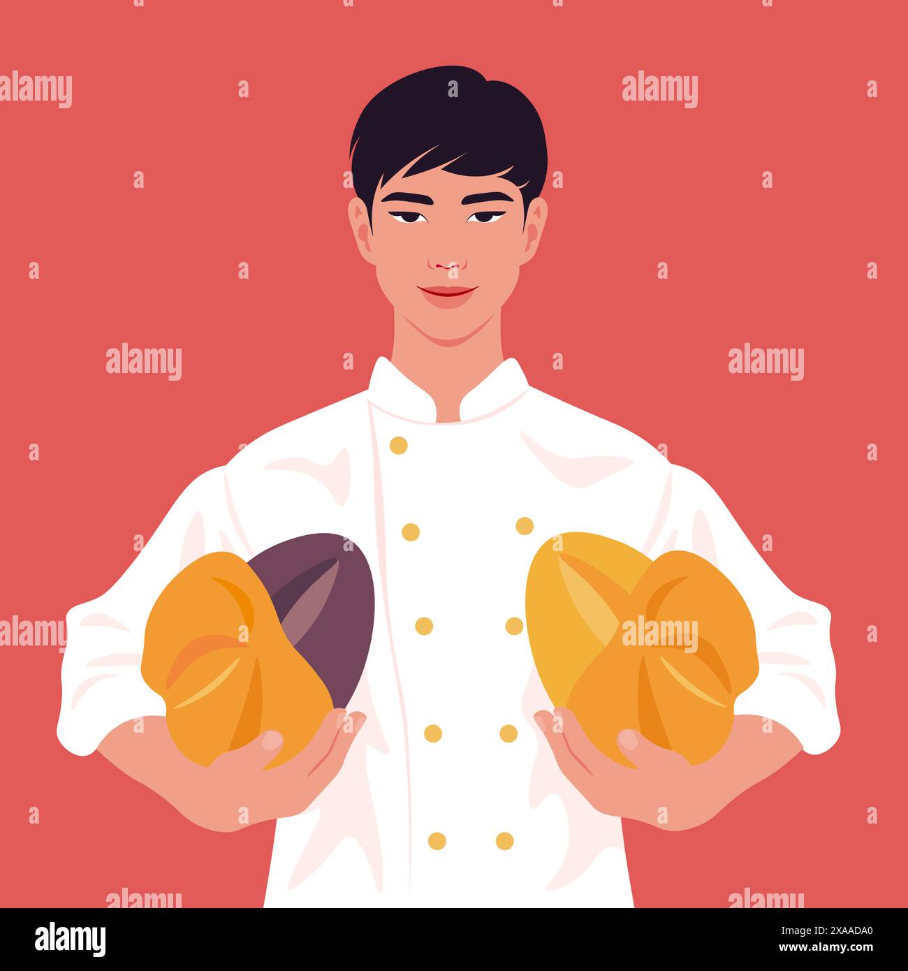 An Asian wan is holding fresh bread in his hands. Young baker in ...