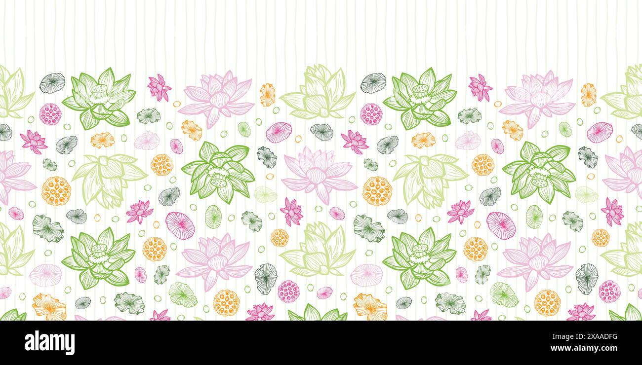 Vector waterlilies or lotuses horizontal border with vertical stripes ...