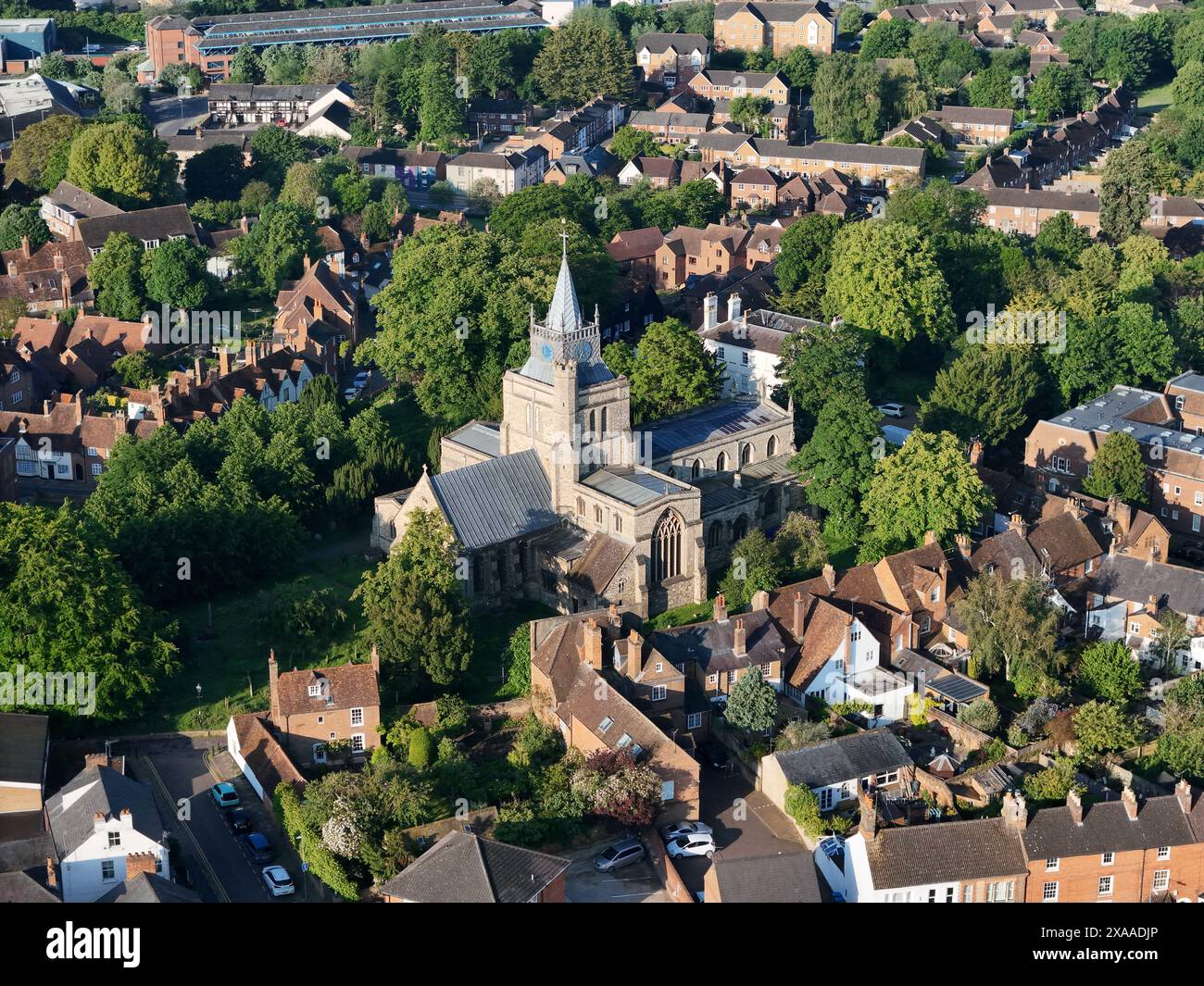 An aerial view of Aylesbury town center with Saint Mary's church on a ...