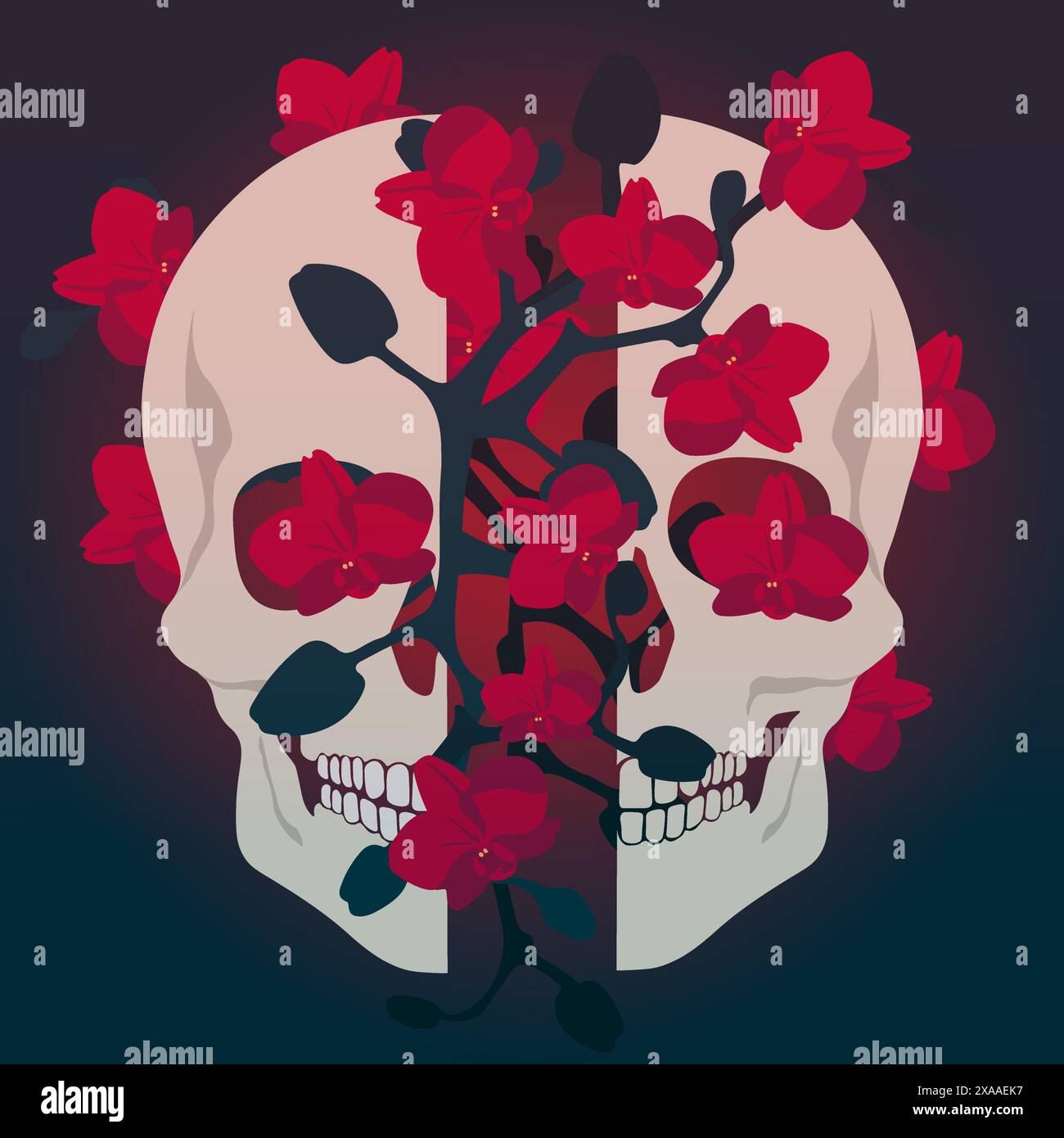 Red orchid flowers grow from the skull. Halloween and the day of the ...