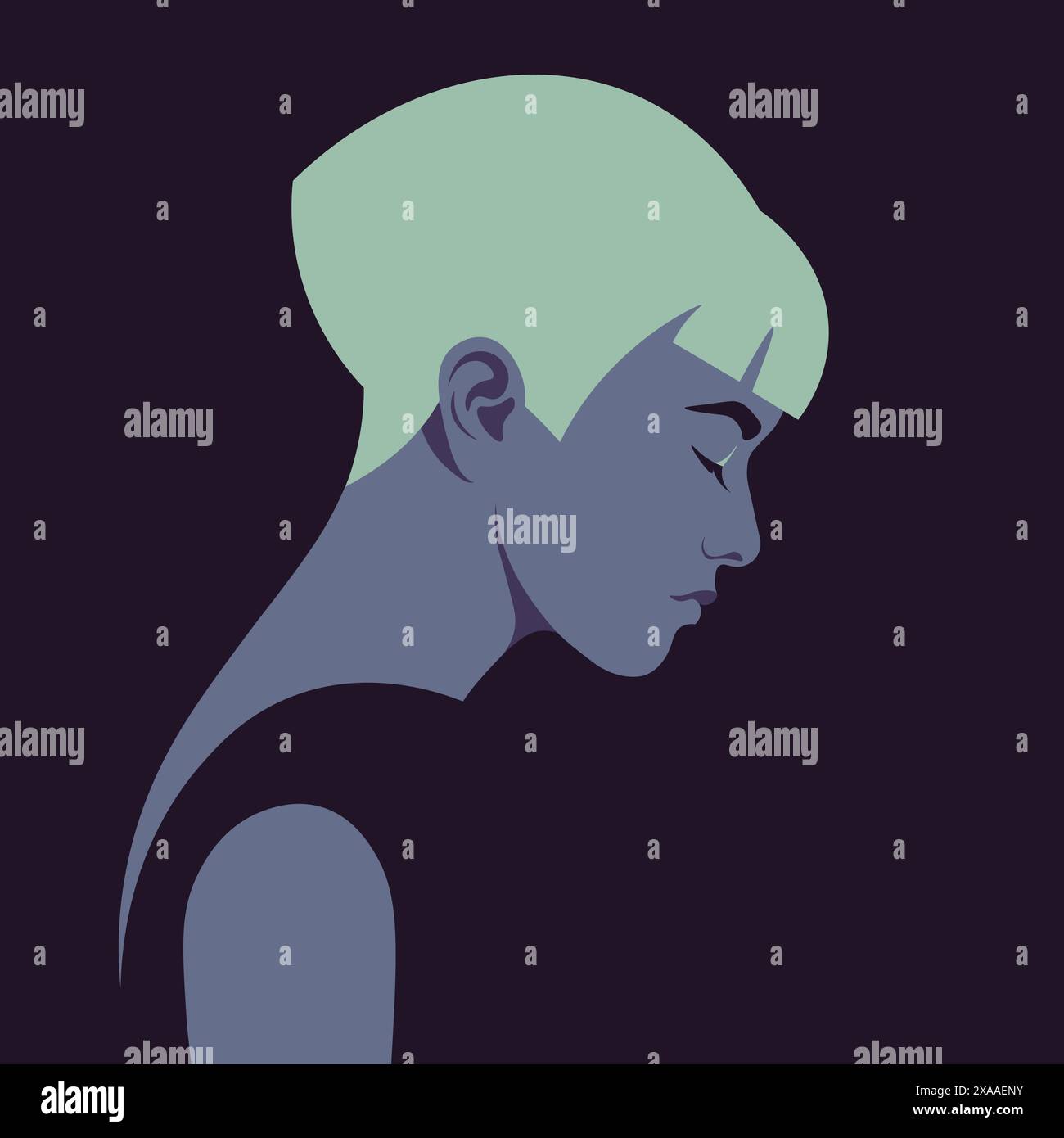 A portrait of a sad young woman in profile. A teenage head with eyes ...