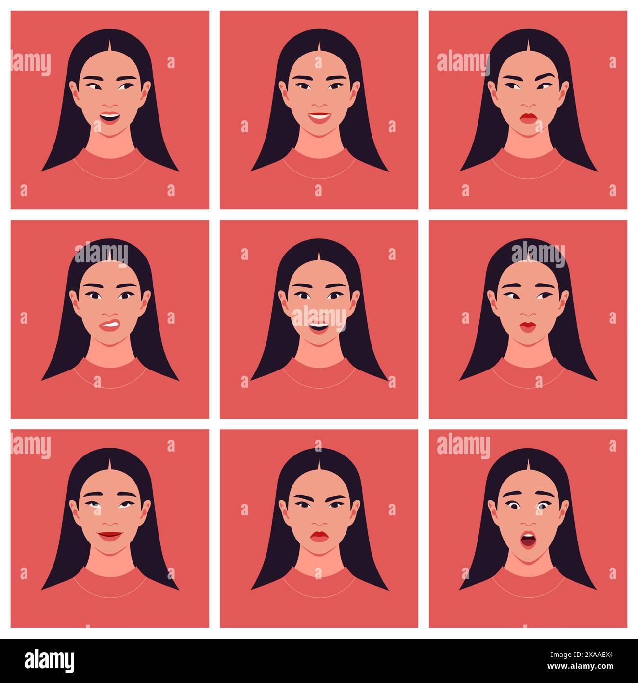 A set of Asian female faces. Various emotions and feelings. Collections ...