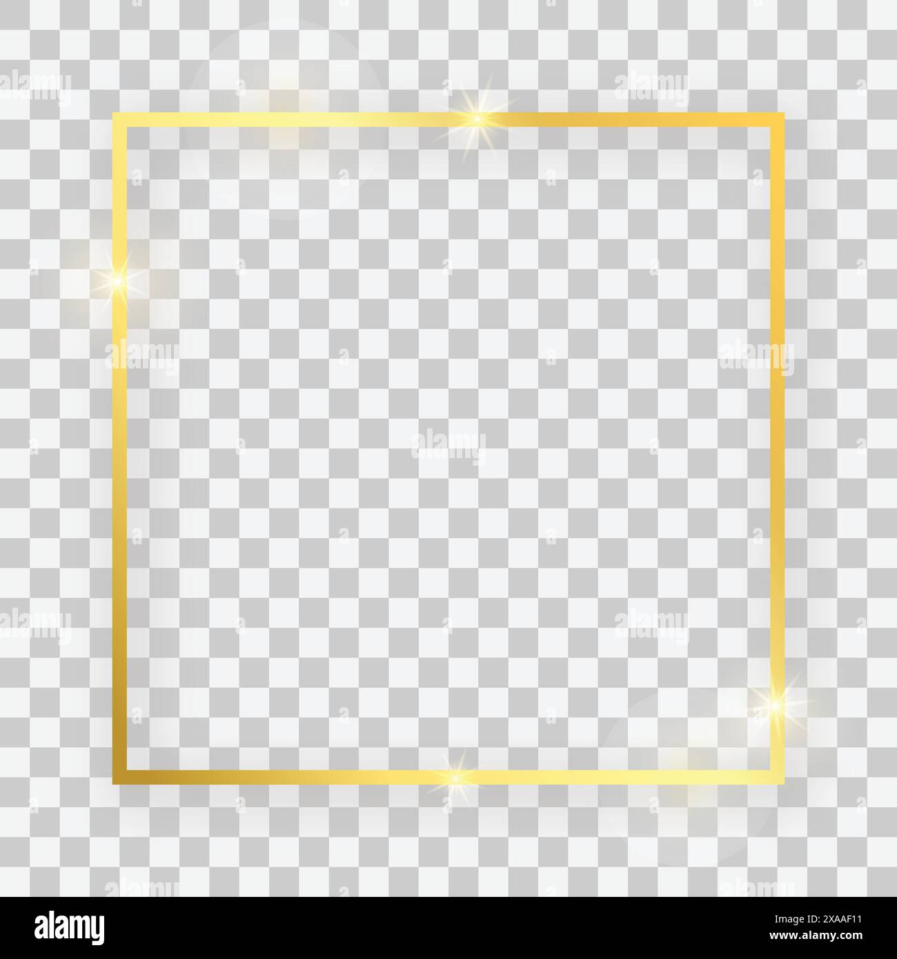 Gold shiny square frame with glowing effects and shadows on transparent ...
