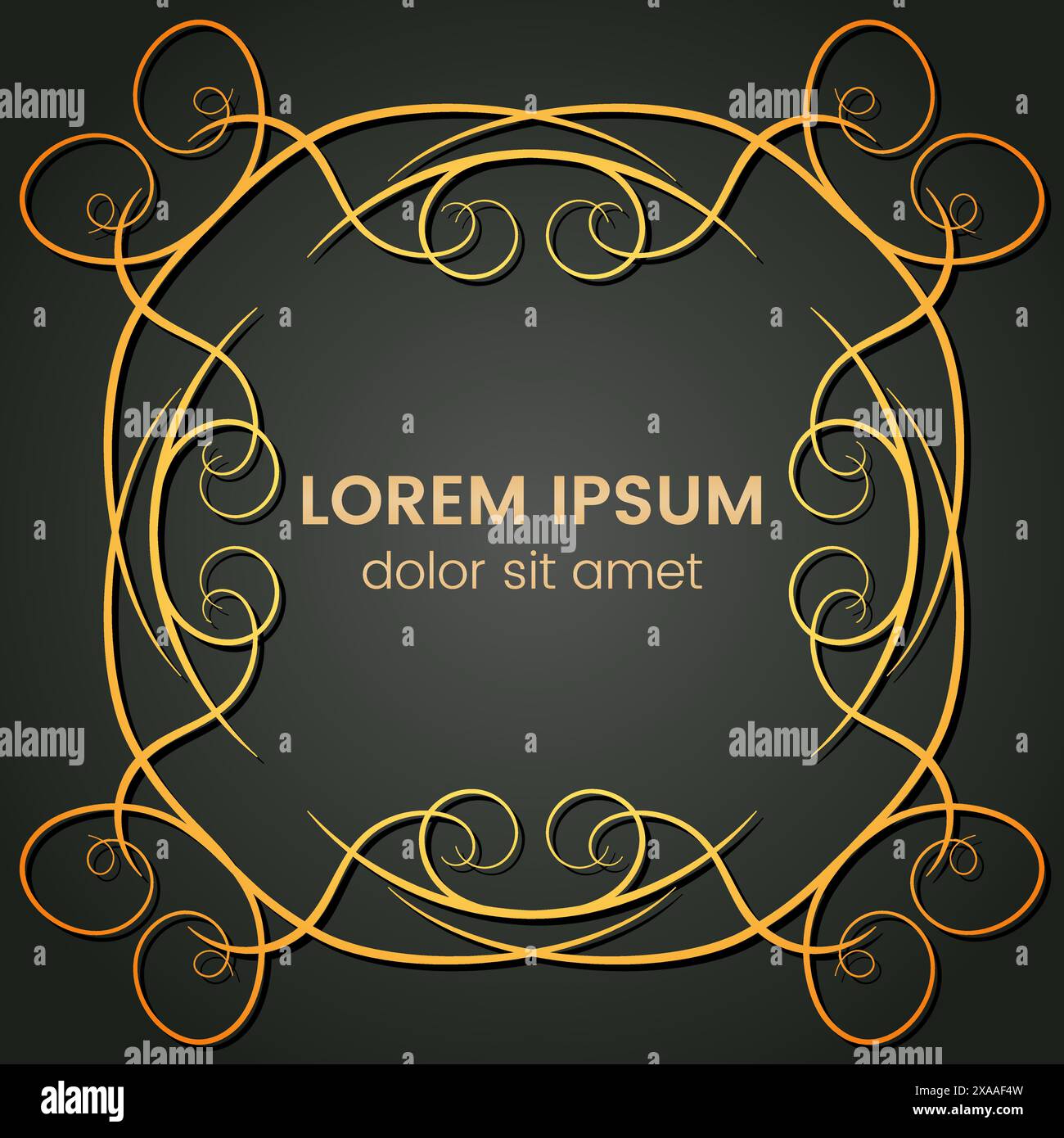 A square golden monogram element on a dark background. Vector ...