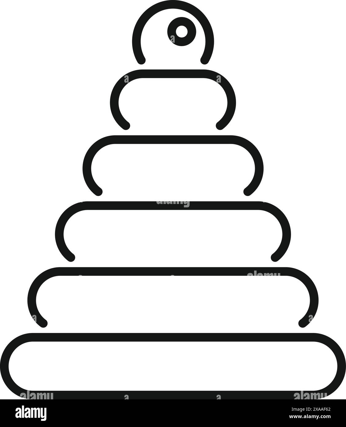 Stylized black and white outline vector icon of a pyramid toy with stacking rings. Representing ...