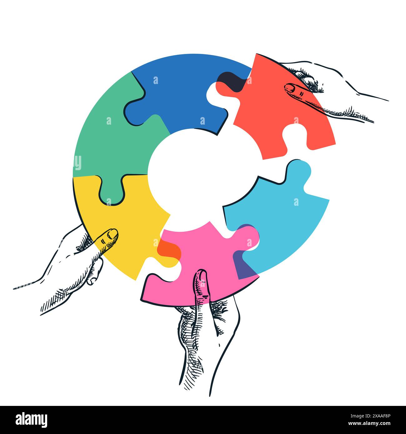 Human hands holding colorful pieces of circle puzzle. Vector hand drawn ...