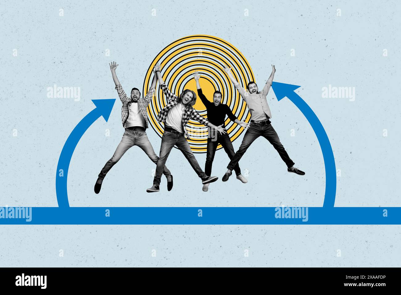 Creative image collage young group people man jump teamwork achieve ...