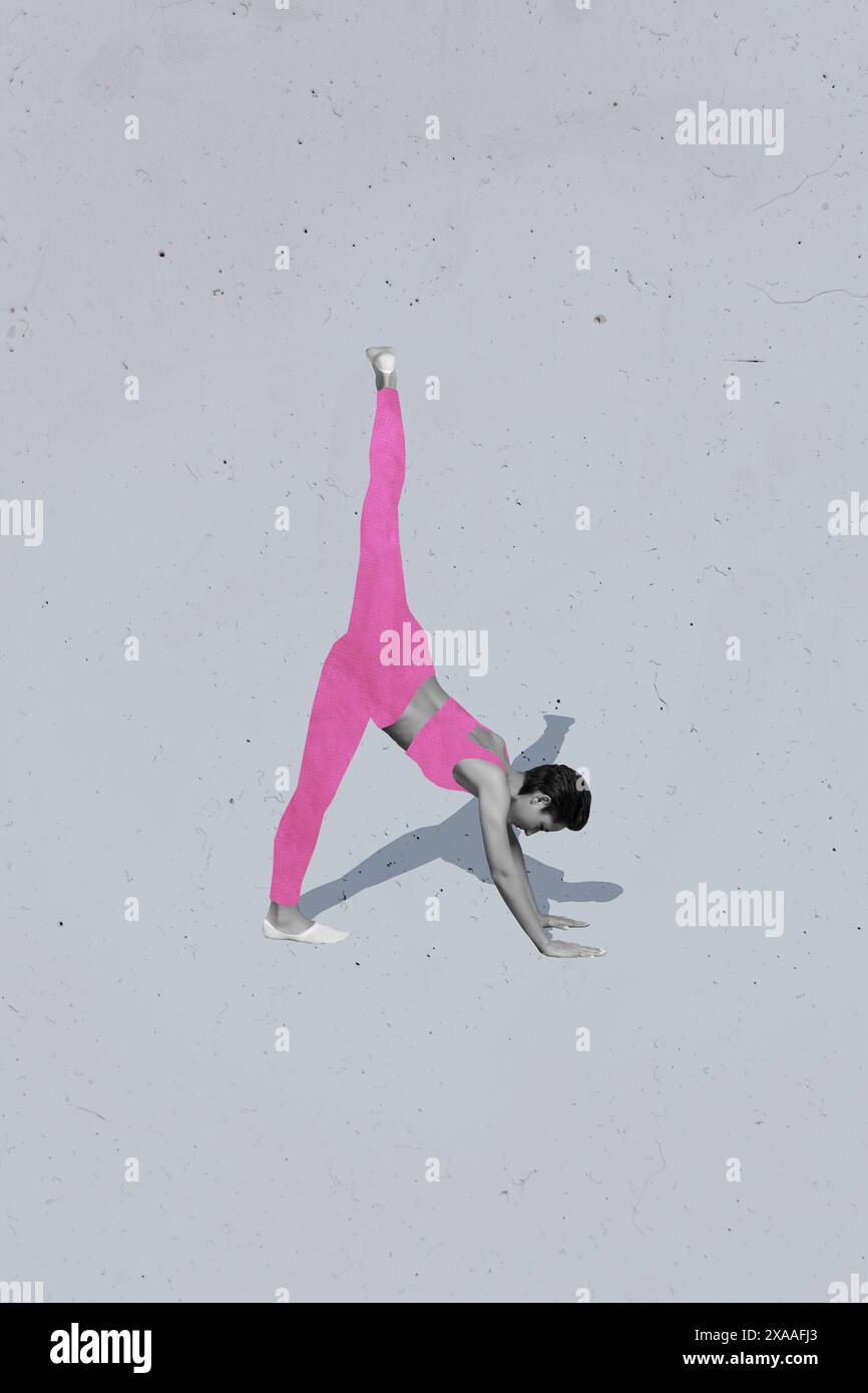Creative collage poster banner of girl doing exercise on grey color ...