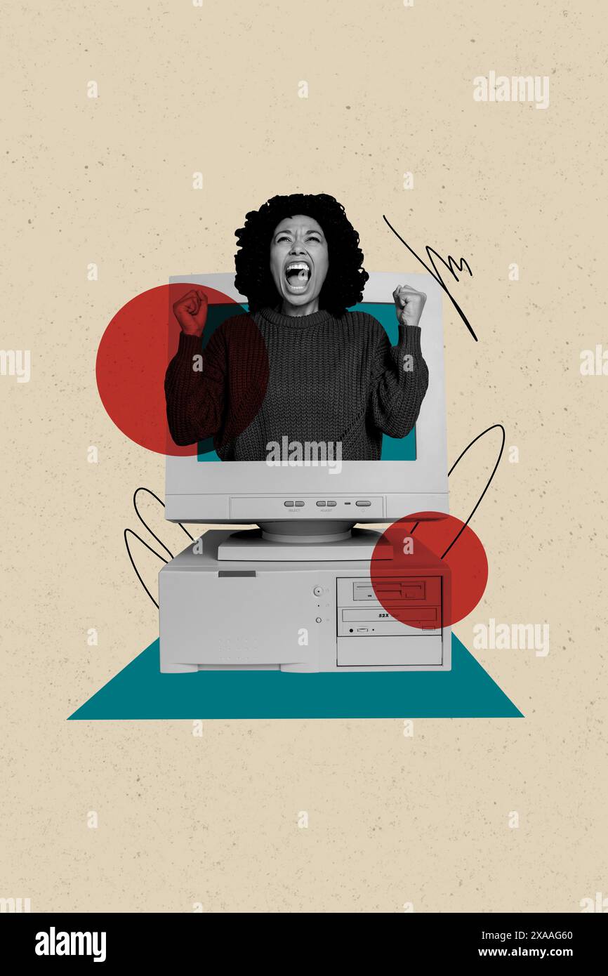 Vertical image collage stressed crazy woman shout scream pc monitor ...
