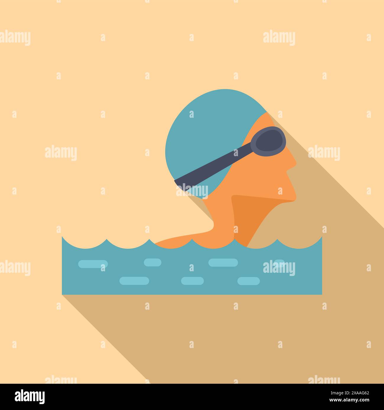 Flat design icon of a person swimming with cap and goggles on a beige ...