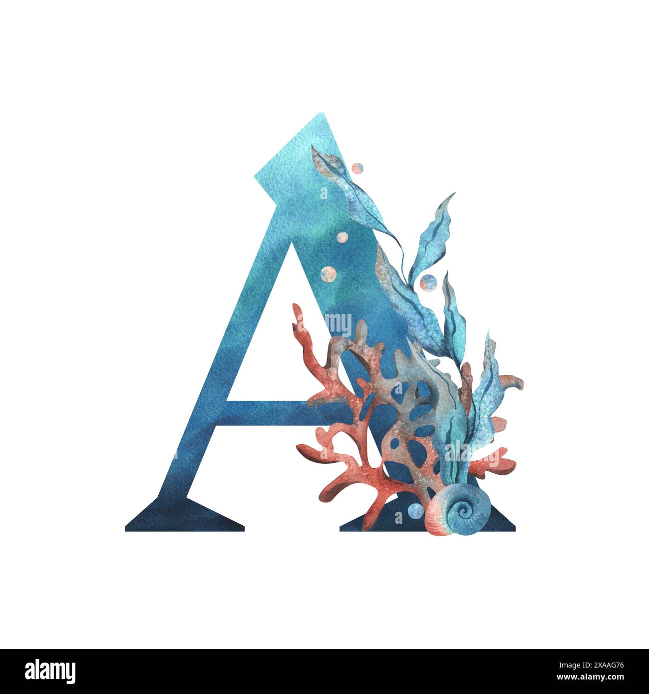 Capital letter A, part of the Latin alphabet decorated in a wet theme ...