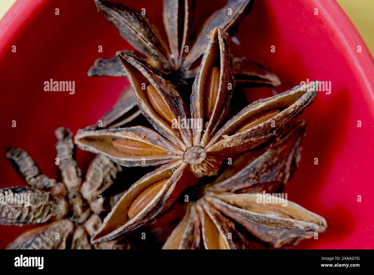 Close-up shot of star anise, also known as badian, in a red bowl Stock ...