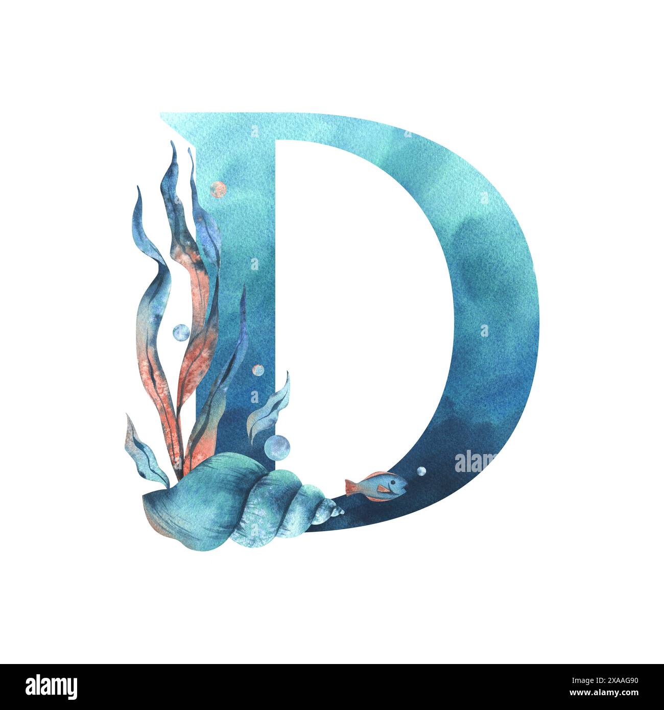 Capital letter D, part of the Latin alphabet decorated in a wet theme ...