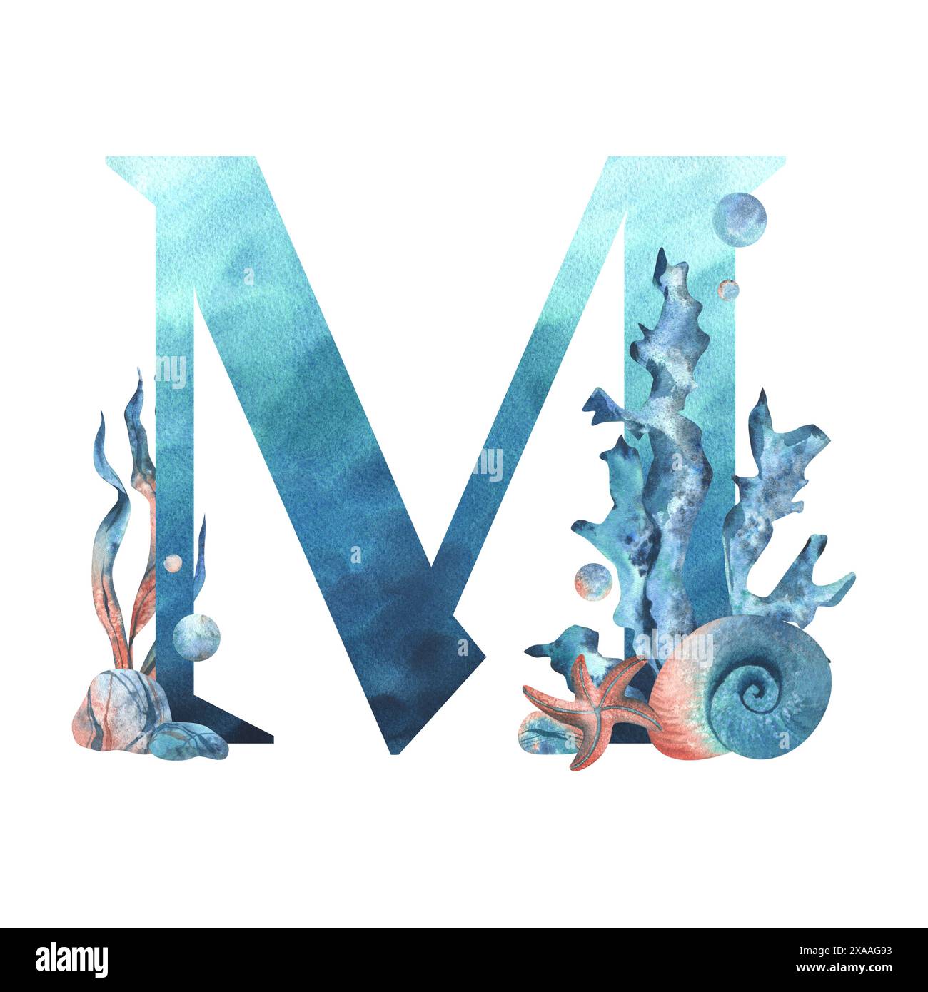 Capital letter M, part of the Latin alphabet decorated in a wet theme ...