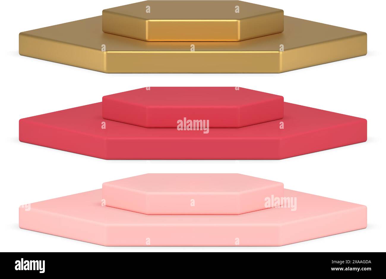 Collection realistic hexagonal geometric shape slim solid render stage level isometric vector ...