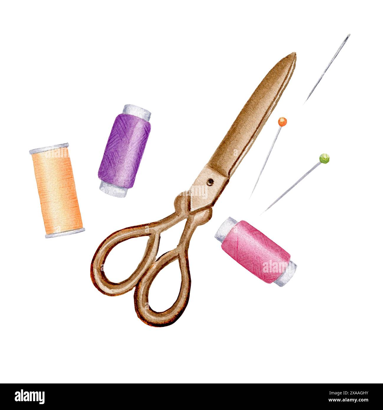 Hand drawn watercolor illustration with sewing seamstress craft ...