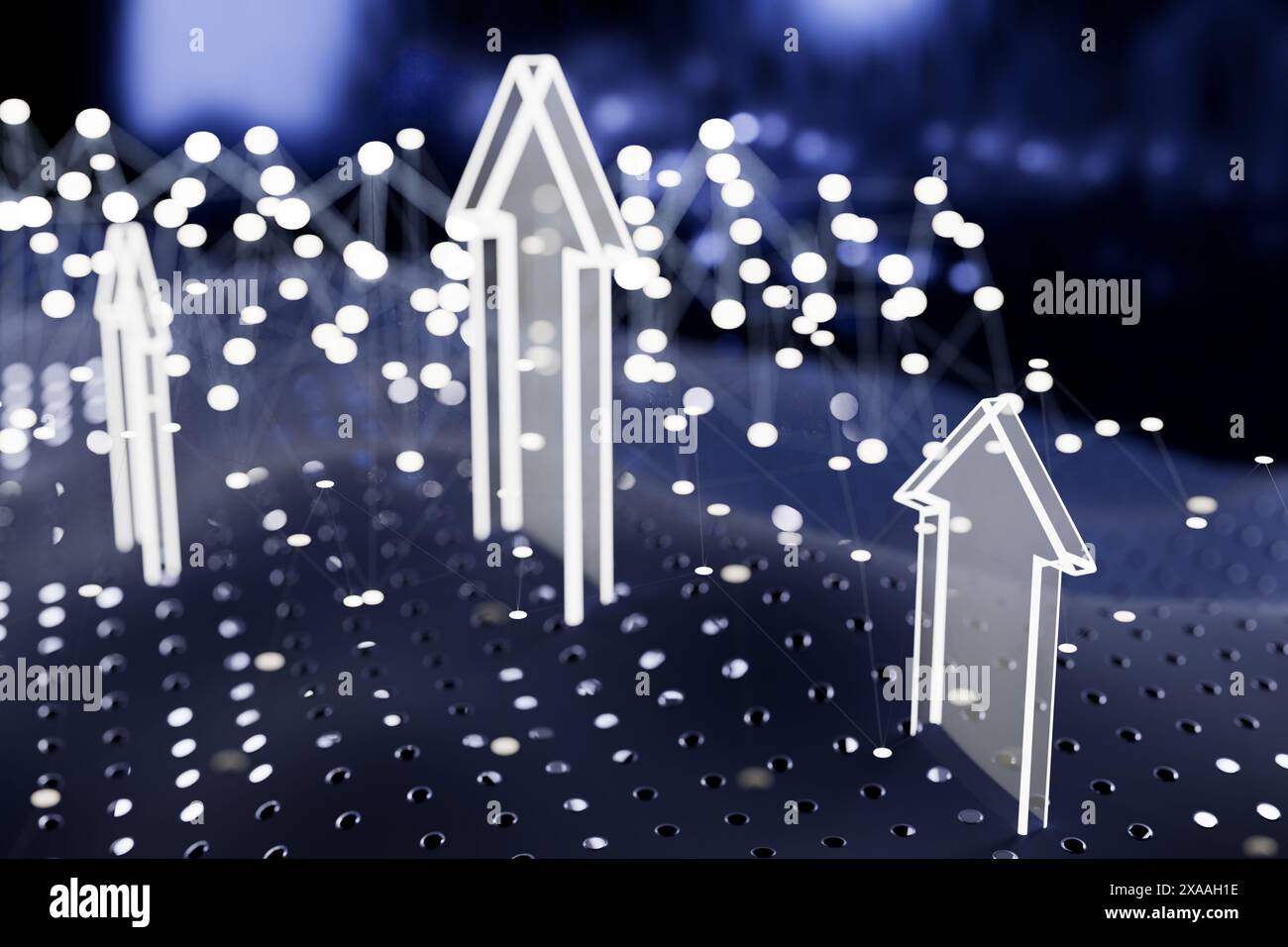 Digital arrows pointing upwards on a dotted surface, symbolizing growth ...