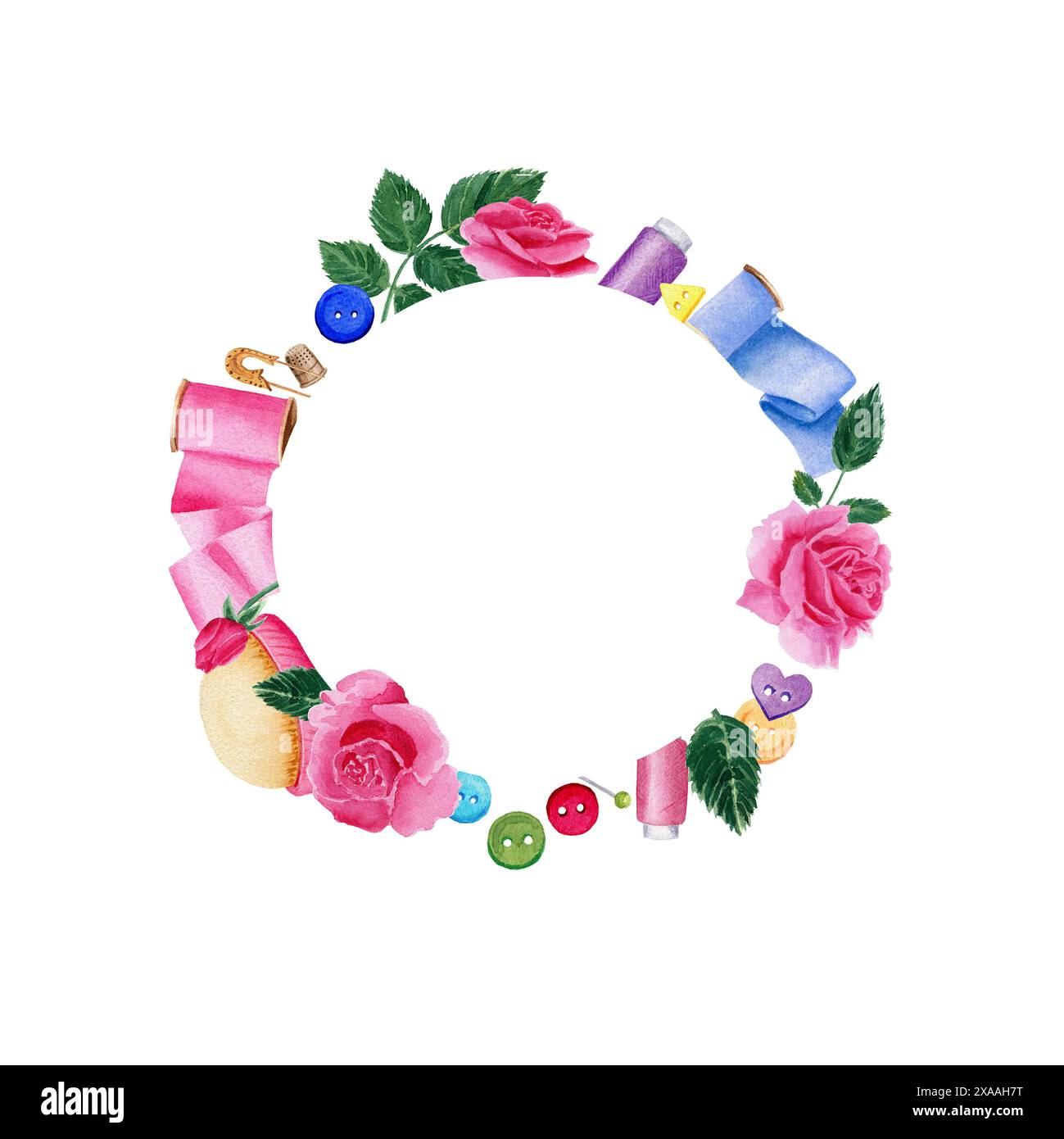 Sewing card with round copy space. Geometric round frame with sewing ...