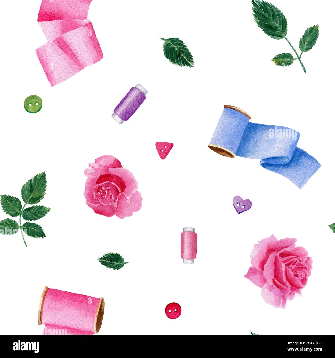 Seamless sewing pattern with ribbons, threads, pink roses and leaves ...