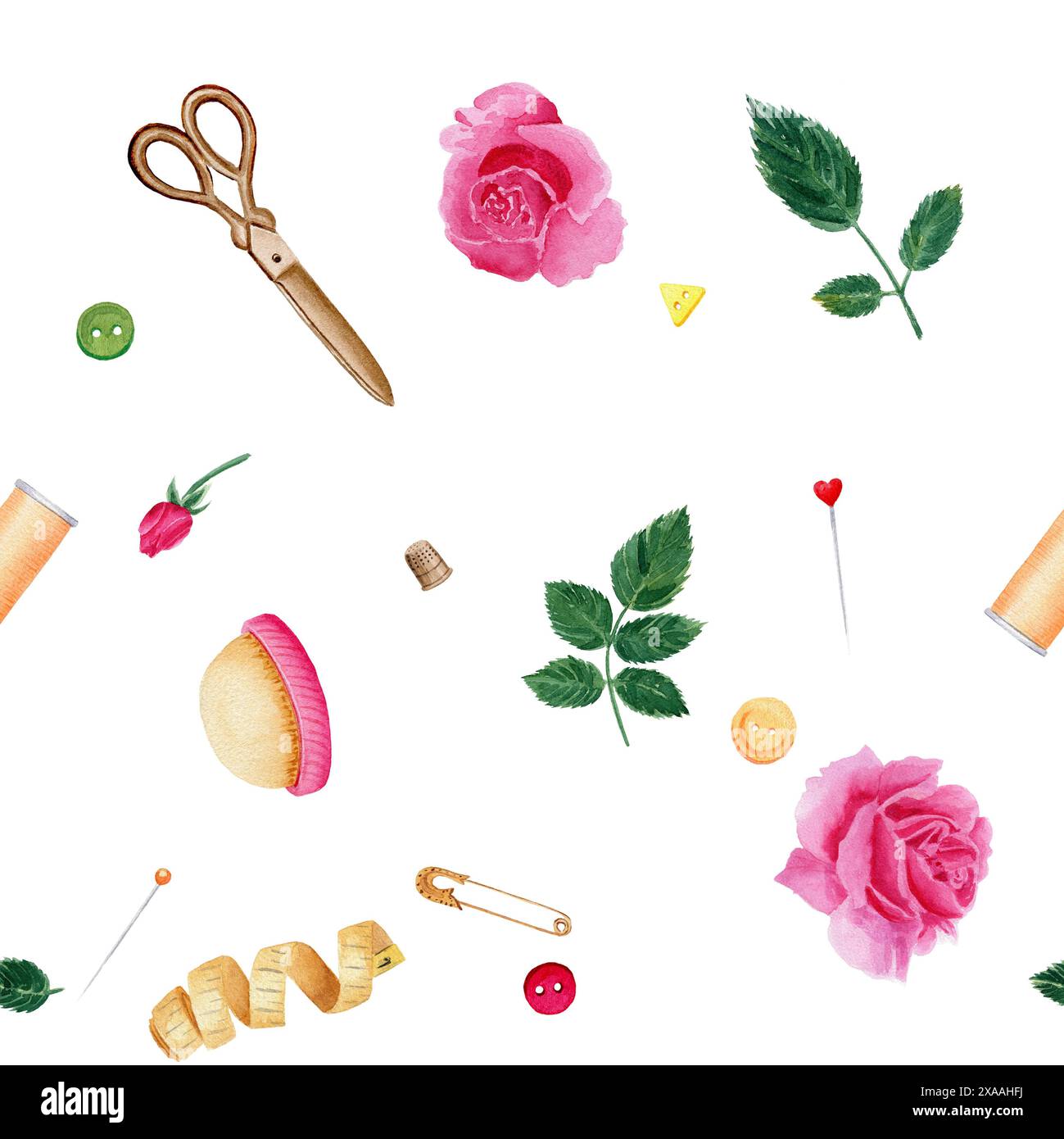 Seamless sewing pattern with scissors, needle bar, pins, measuring tape ...