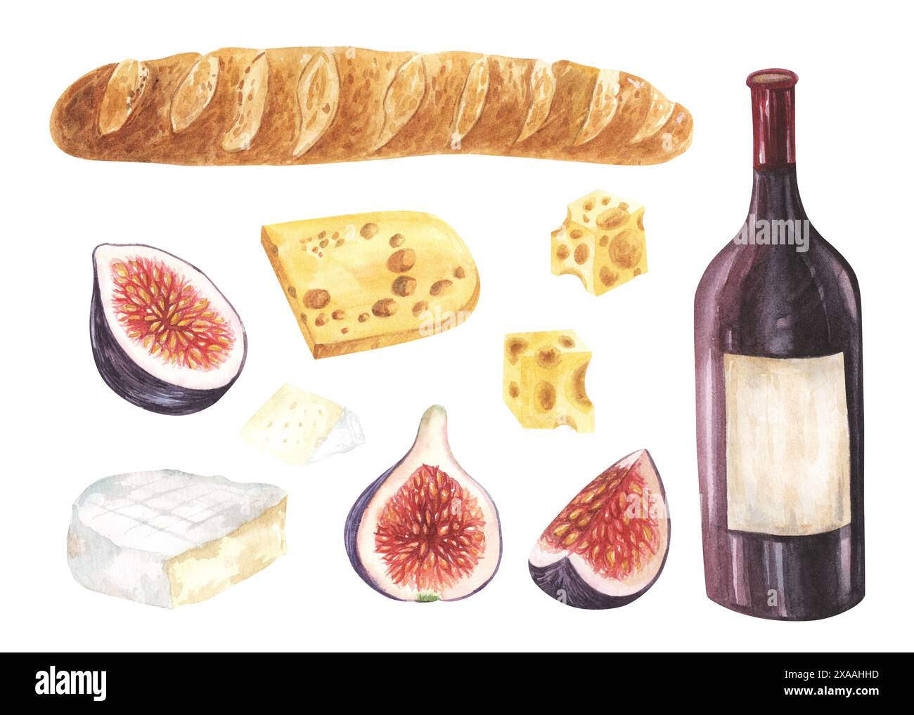Red wine bottle and snack illustration. Figs, fruit slices, cheese ...