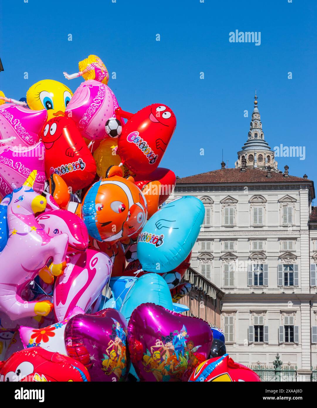 Turin (Piedmont, Italy). In Piazza Castello (Castle Square), colored ...