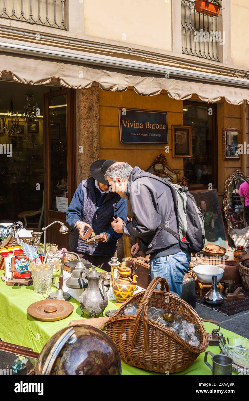 Turin, Italy - April 16, 2011: Antiques shop in the "Balon", the ...