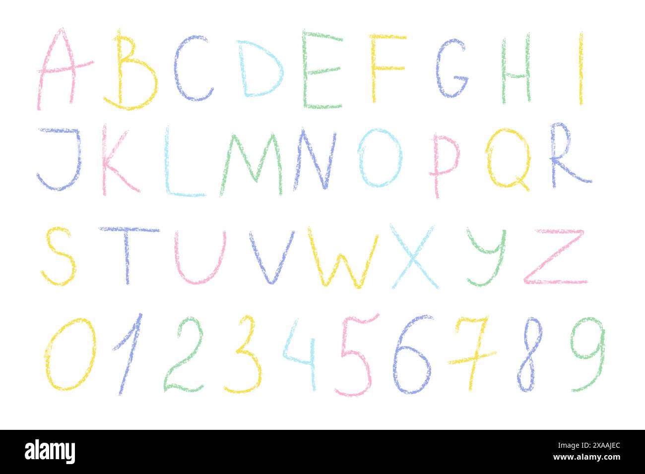 Colored numbers, letters alphabet scribbled in wax pencil, on white ...