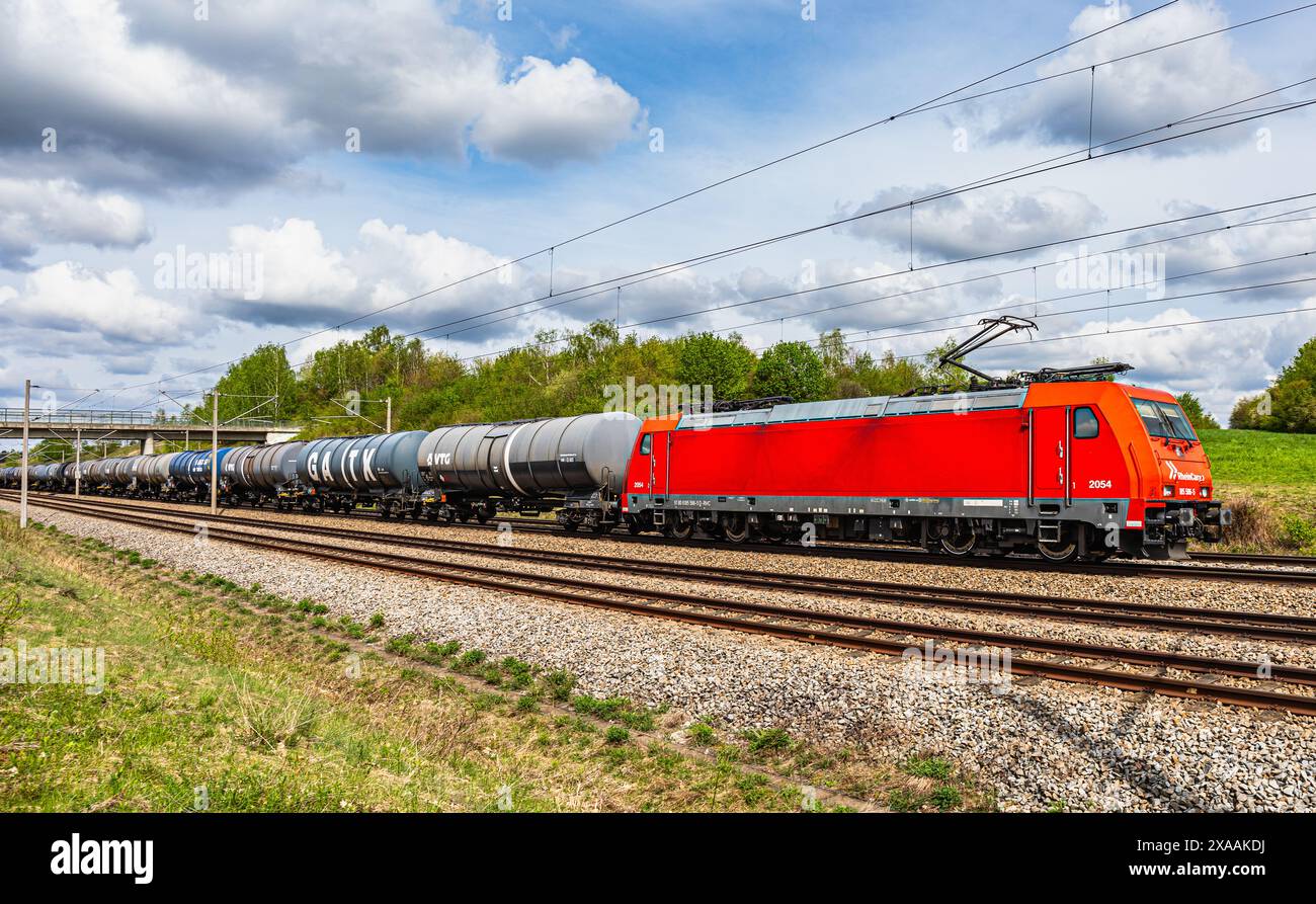 Hebertshausen, Germany, 10th Apr 2024: A RheinCargo DB Class 185 ...