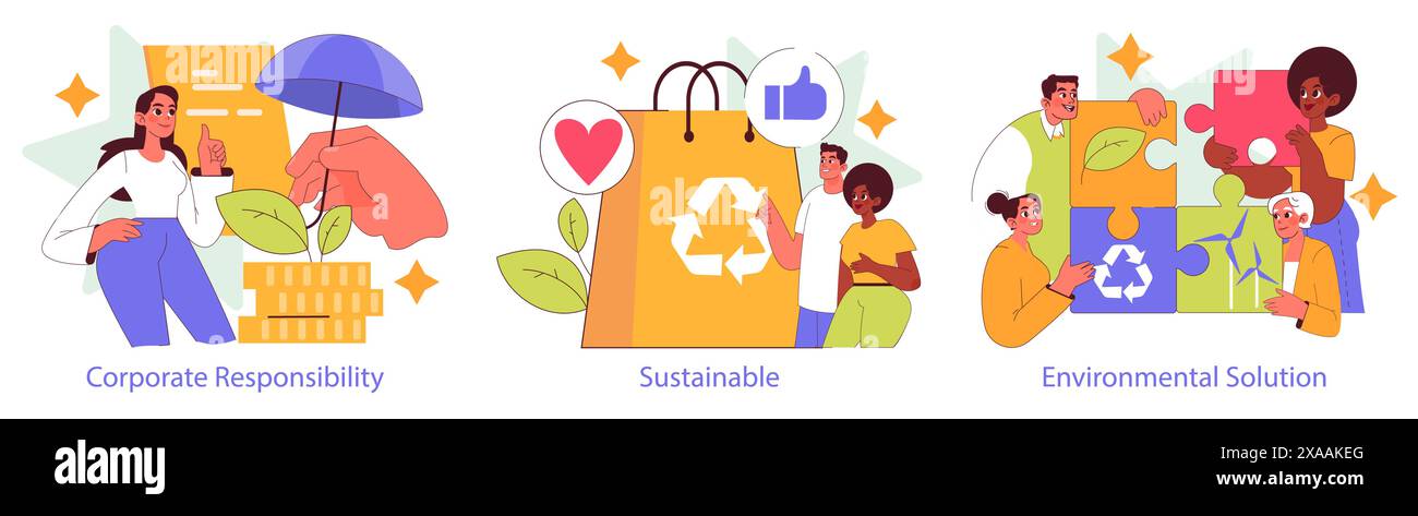 Social Responsibility set. Corporate ethics, sustainable practices, and environmental solutions ...