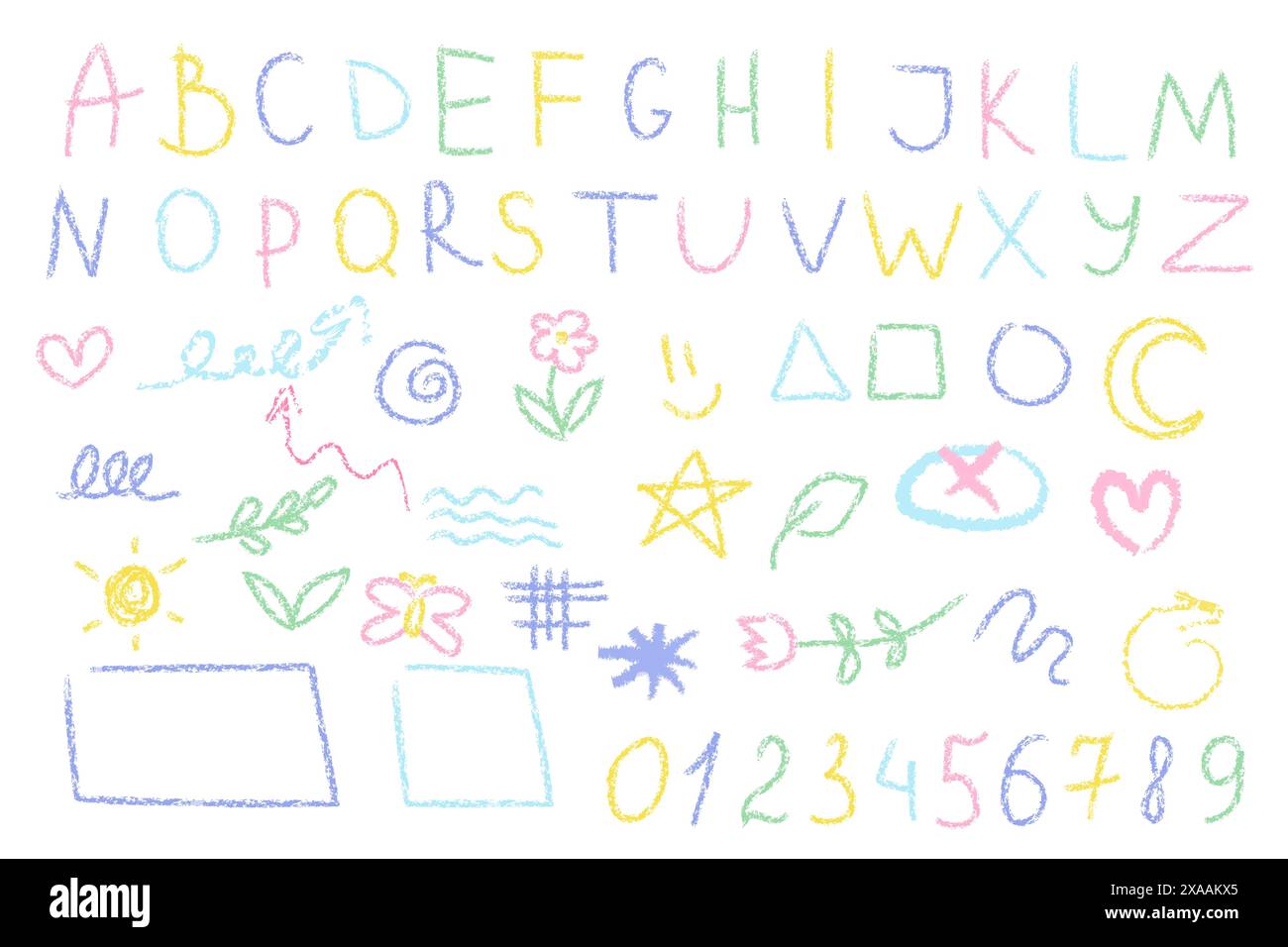 Colored numbers, letters alphabet scribbles wax crayon, kids drawings ...