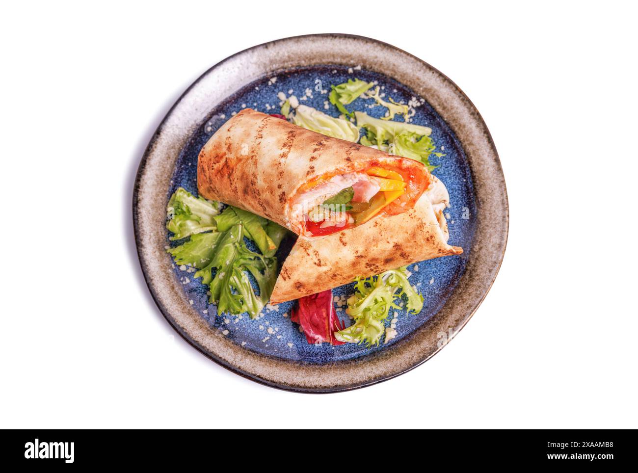 Tortilla wraps sandwiches with fresh vegetables, minced meat in plate ...