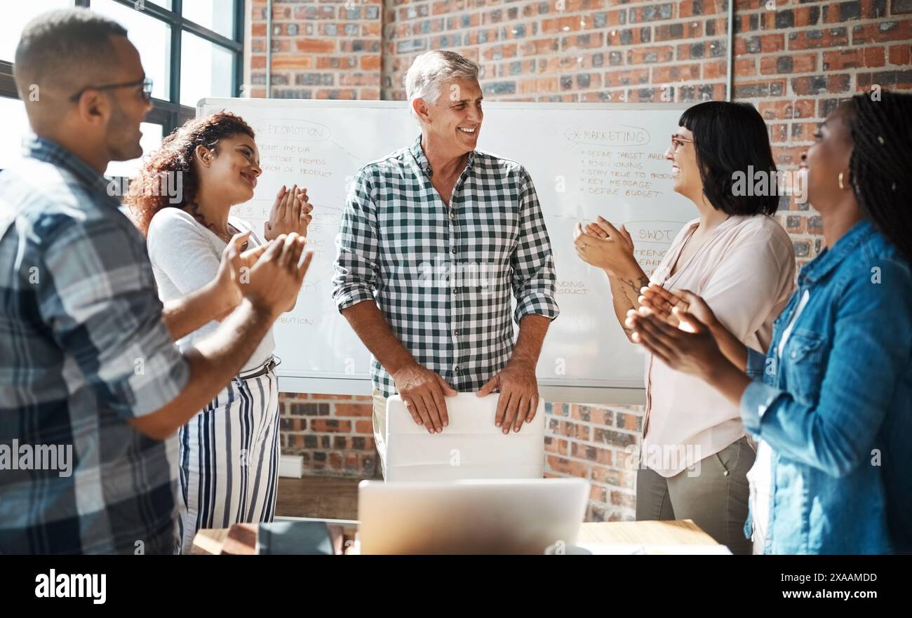 Business people, group and applause for success in presentation with ...