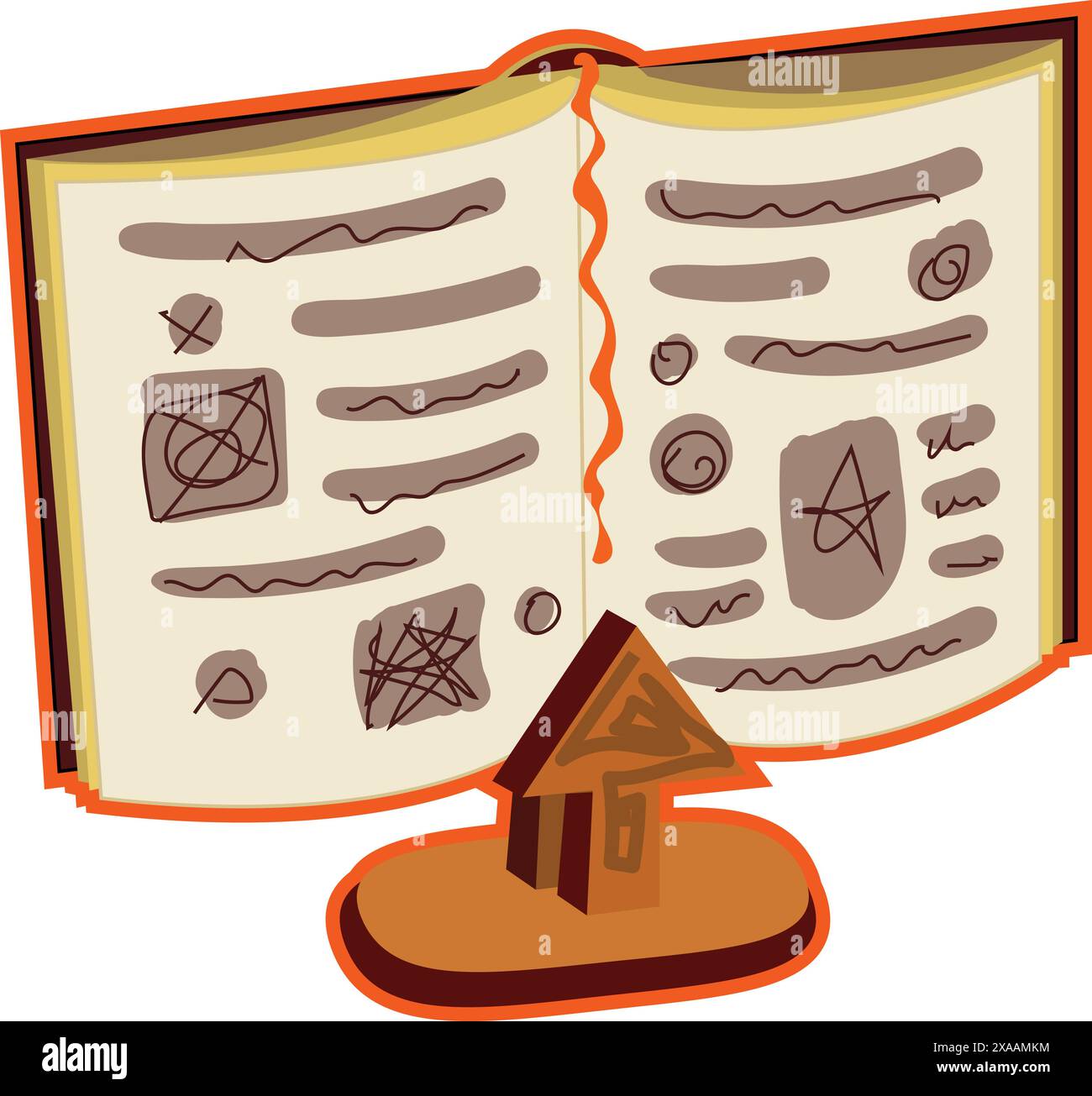 Illustration of an open magical book with symbols and a small wooden ...