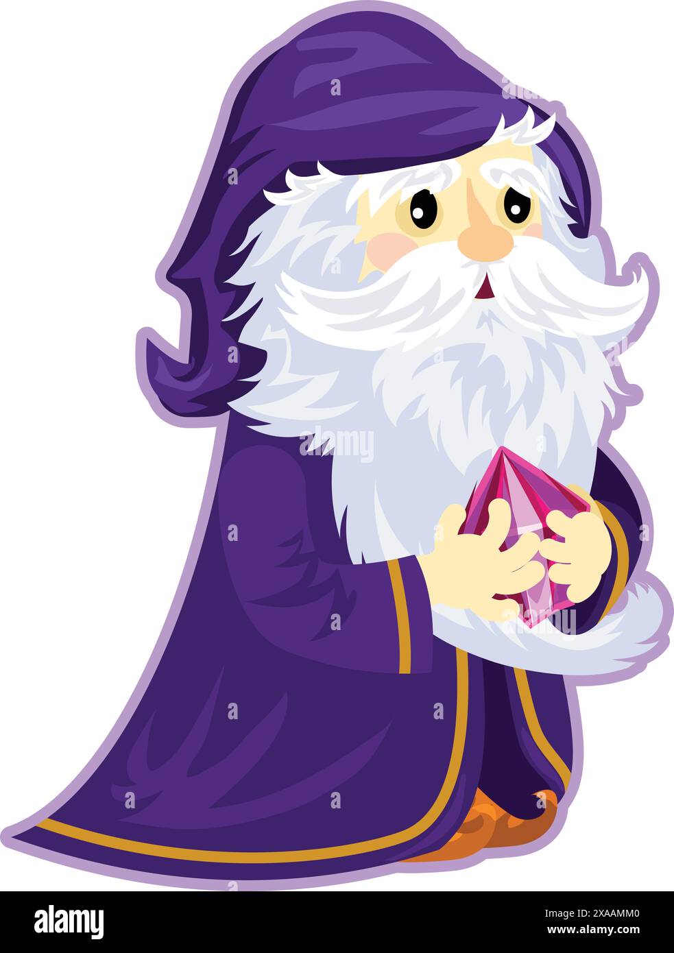 Enchanting cartoon wizard in purple robes holding a mystical crystal ...
