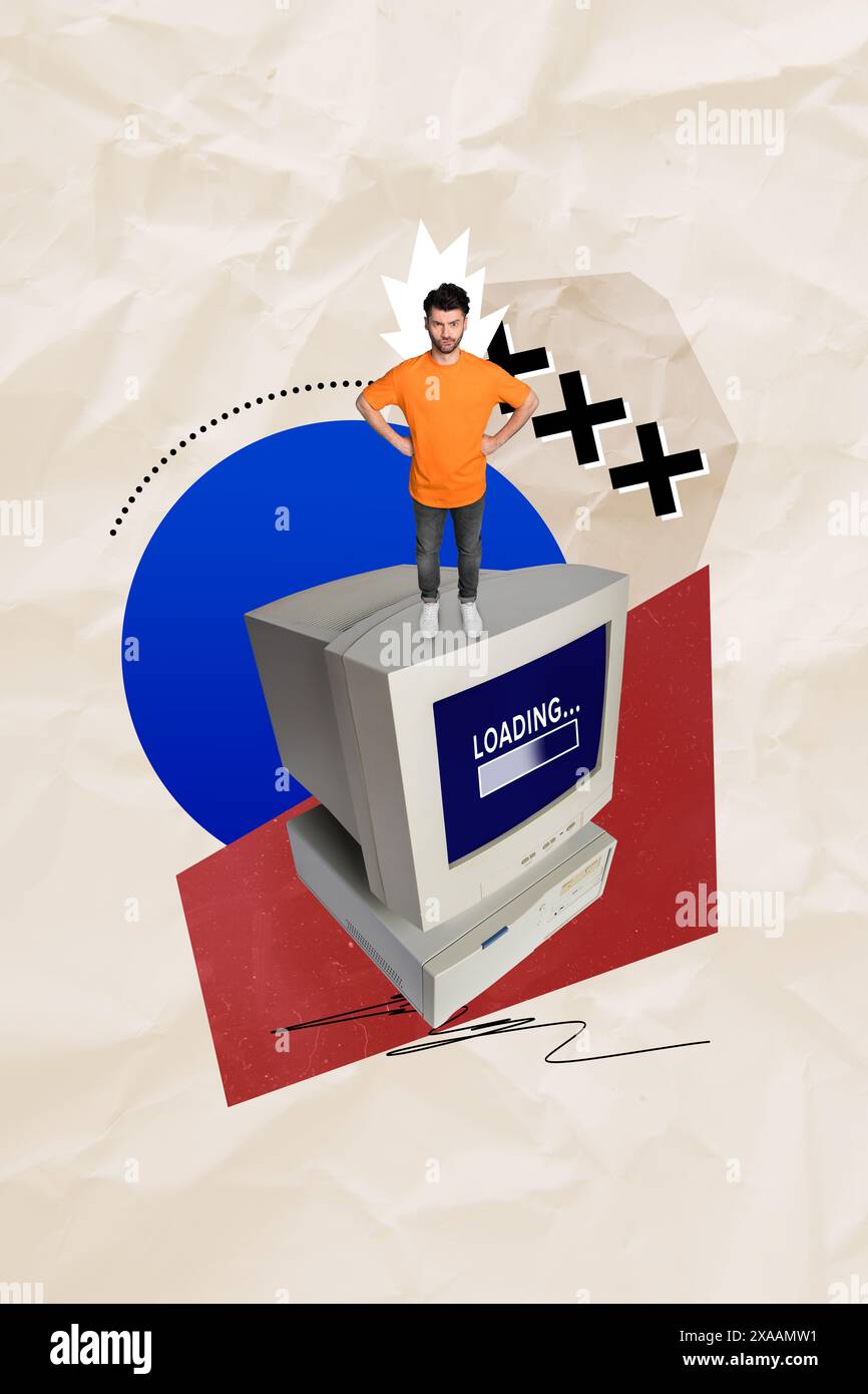 Photo collage artwork minimal picture of angry guy waiting old computer ...