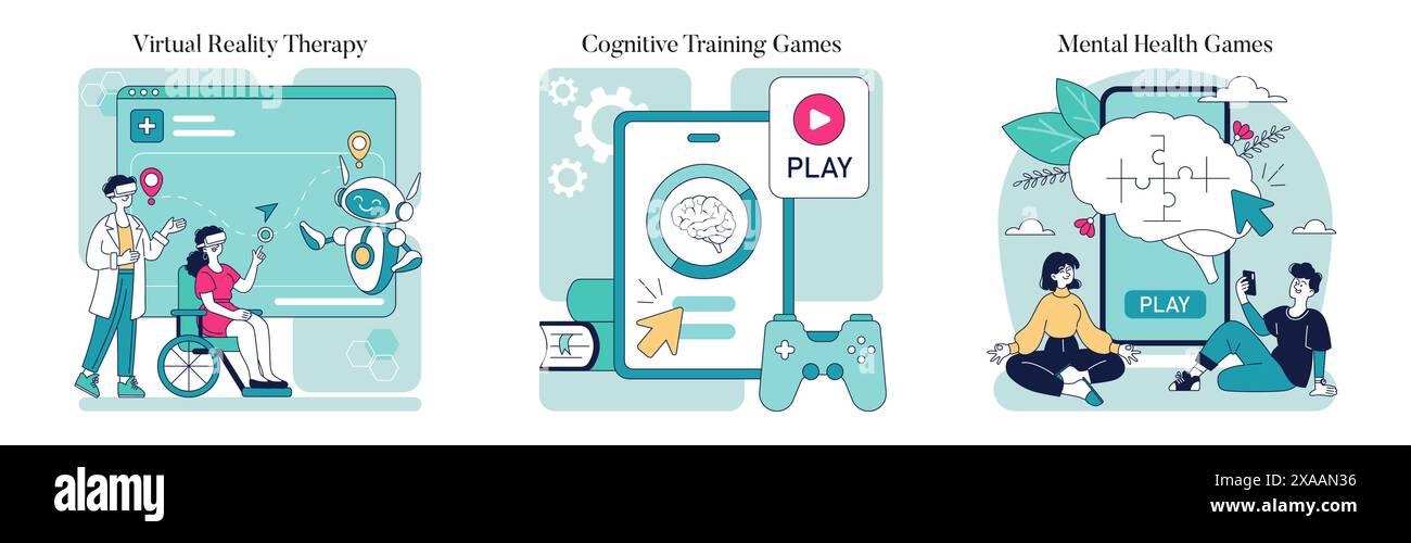 Health Gamification set. Virtual reality therapy, cognitive exercises ...