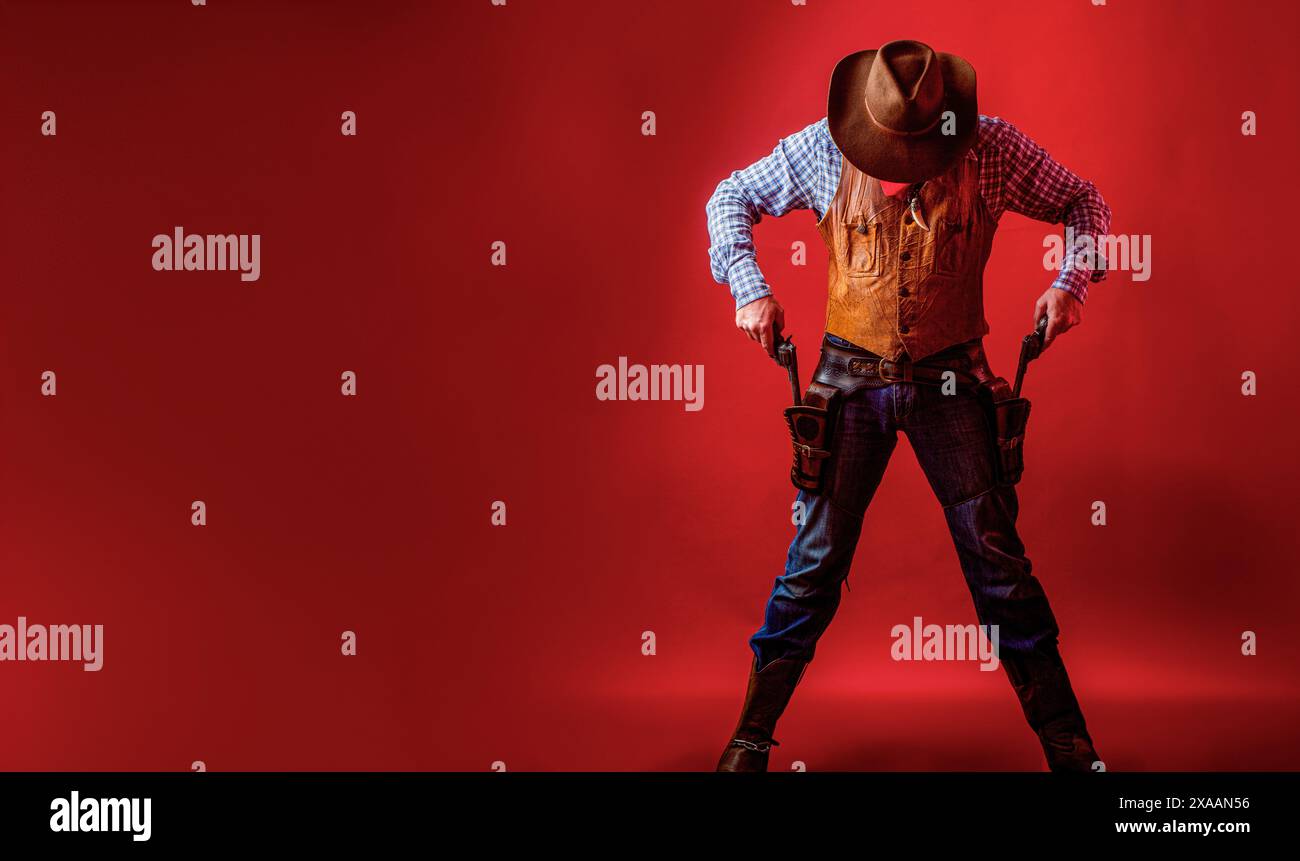 Cowboy with a pistol, guy in a cowboy hat with a gun. Western man with ...