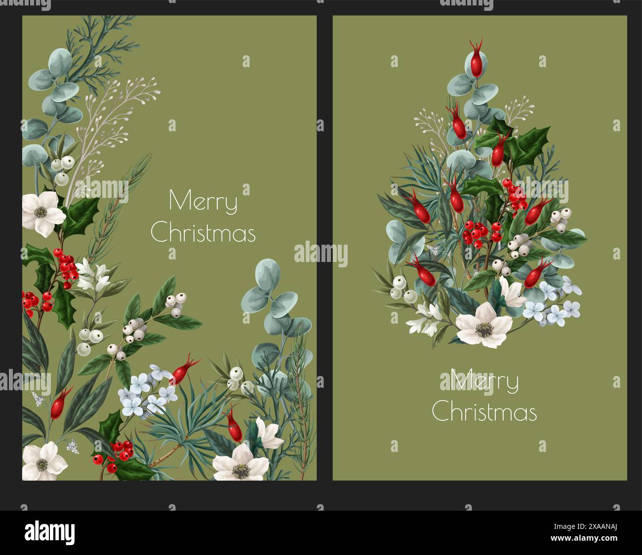 Botanical Christmas cards with flowers and leaves. Vector Stock Vector ...