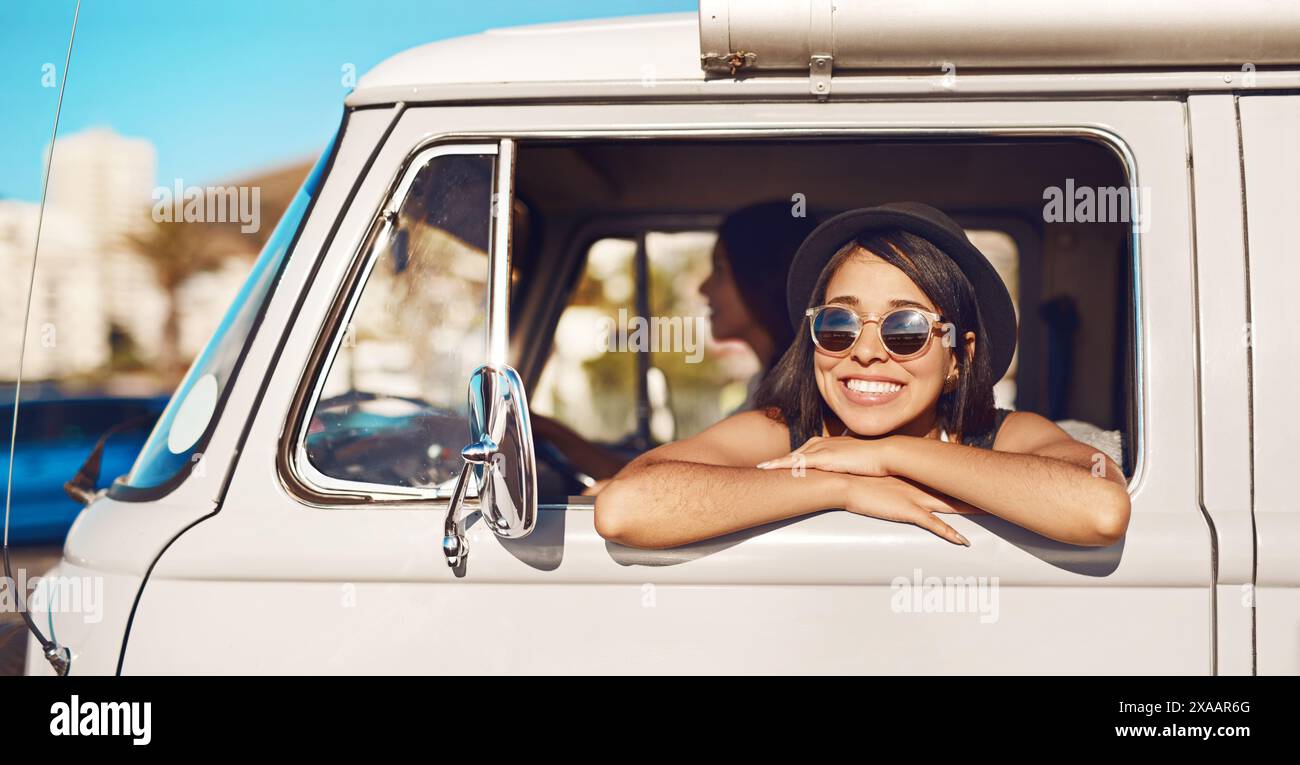 Women, van and road trip or happiness window, friends and fun adventure ...
