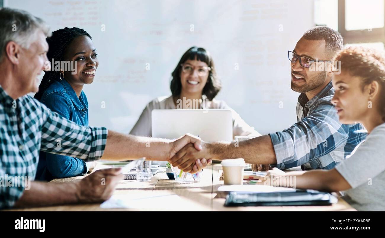 Group, handshake and business people in meeting, teamwork and planning ...