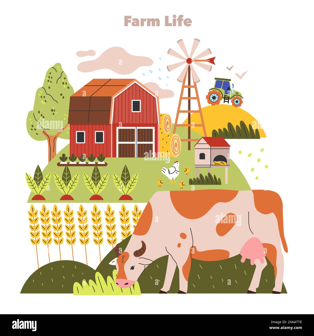 Farm Life concept. A picturesque depiction of rural agriculture with a ...