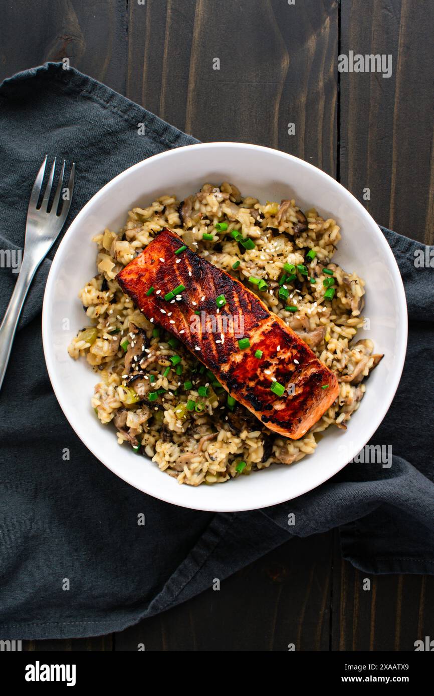 Seared Salmon with Mushroom Risotto in a Pasta Bowl: Marinated salmon ...