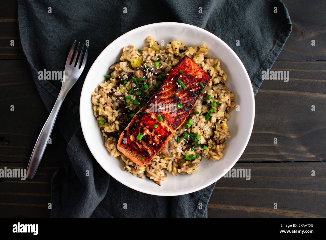 Seared Salmon with Mushroom Risotto in a Pasta Bowl: Marinated salmon ...