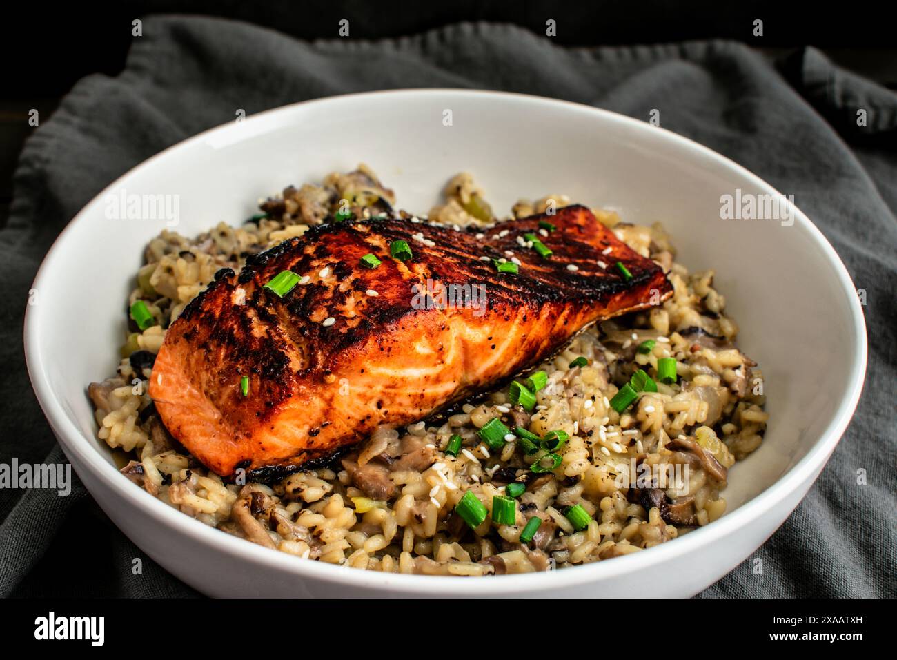 Seared Salmon with Mushroom Risotto in a Pasta Bowl: Marinated salmon ...