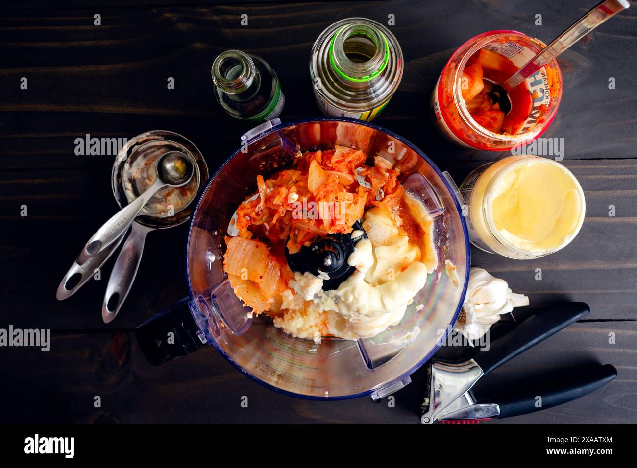 Kimchi Aioli Ingredients in a Food Processor Bowl: Unblended mayonnaise ...
