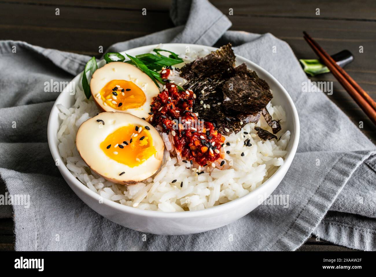 Bowl of Rice Topped with a Soy Sauce Egg: Jasmine rice topped with a ...